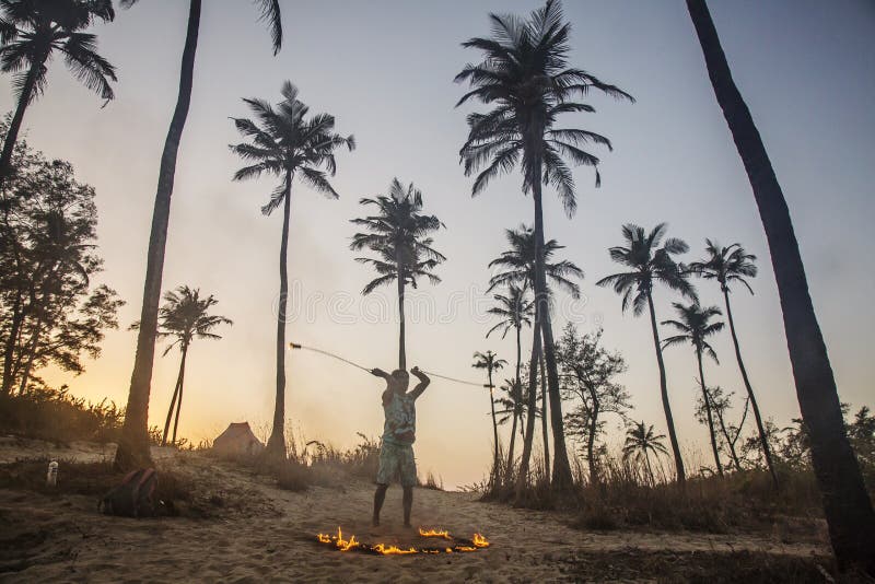 Man Doing Fire Show at Arambol Beach Stock Image - Image of burn ...