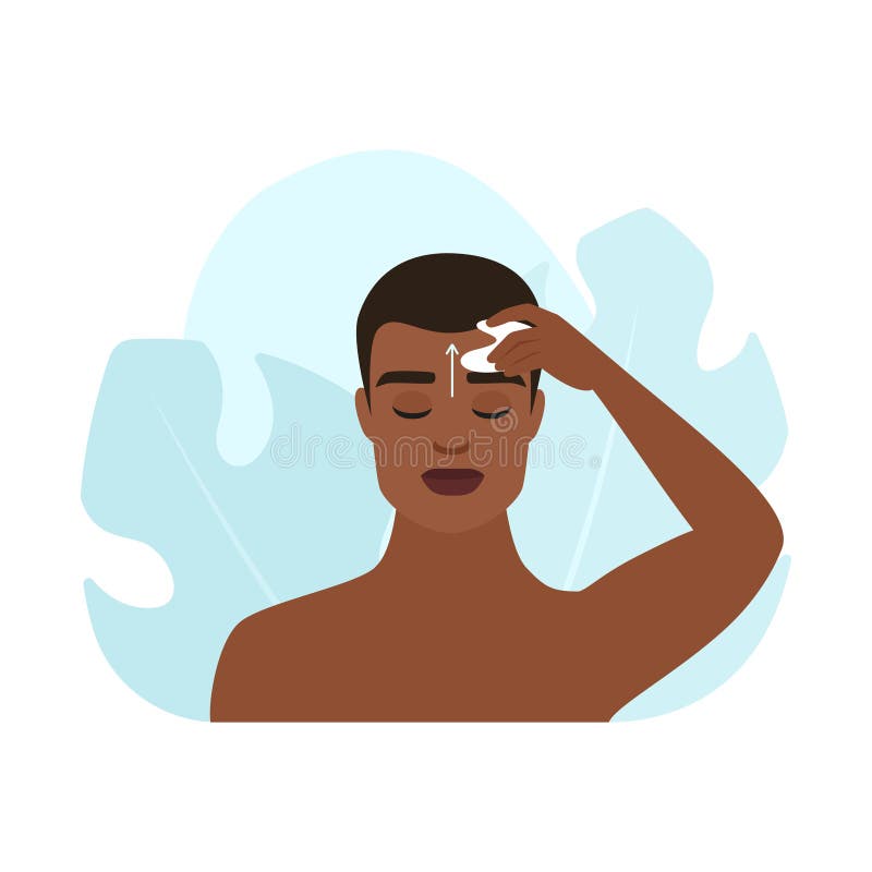Man Doing Forehead Massage Along Line with Arrow Using Gua Sha Stock ...