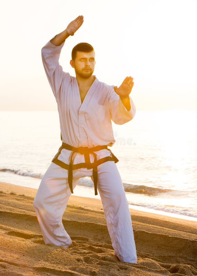 Man doing karate at ocean stock image. Image of professional - 234943167