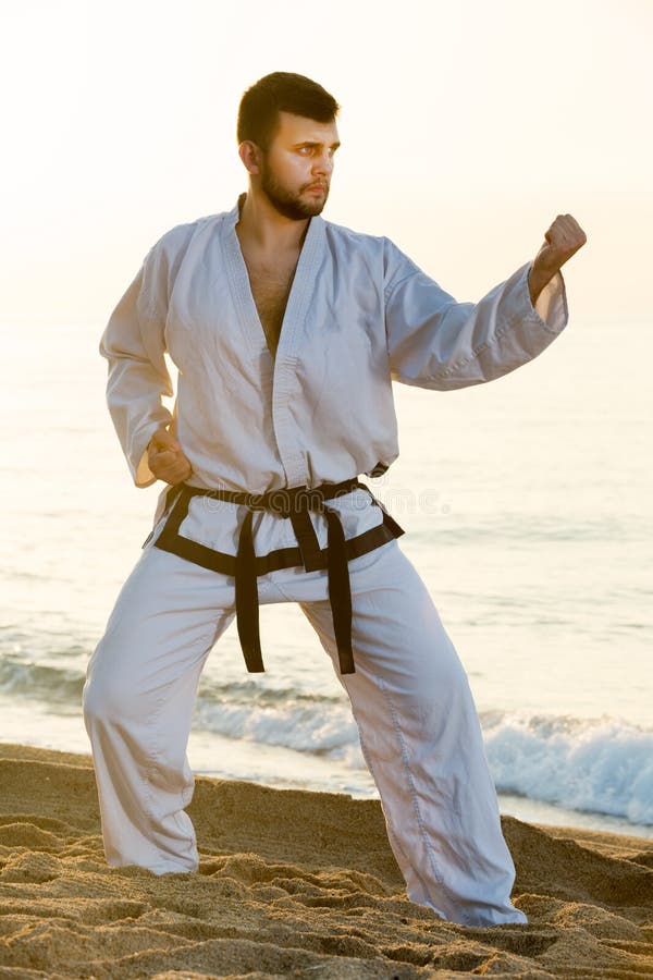 Guy Doing Karate Poses at Sunset Sea Shore Stock Photo - Image of ...