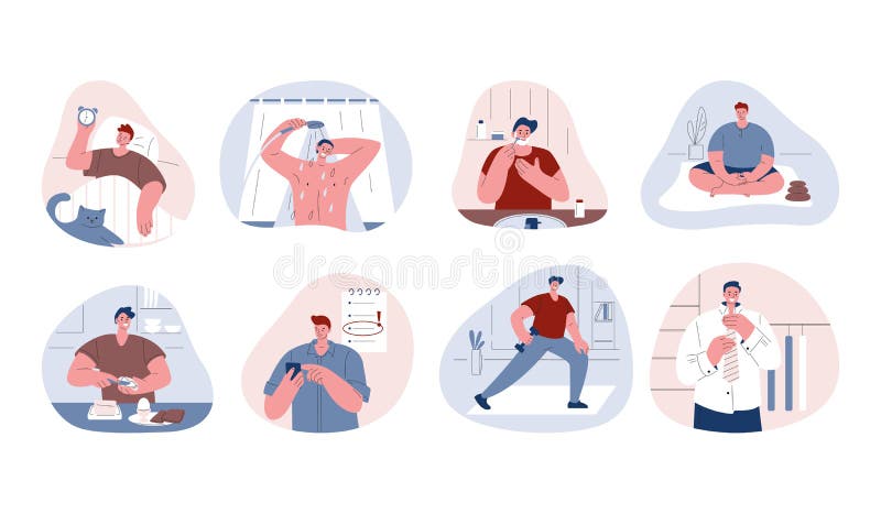 Man is Doing Morning Routine. Set of Vector Illustrations in Flat Style ...