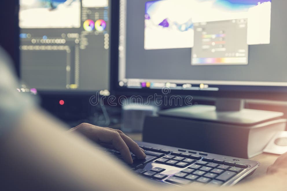 Man Doing Photo and Video Editing on Computer Stock Image - Image of ...