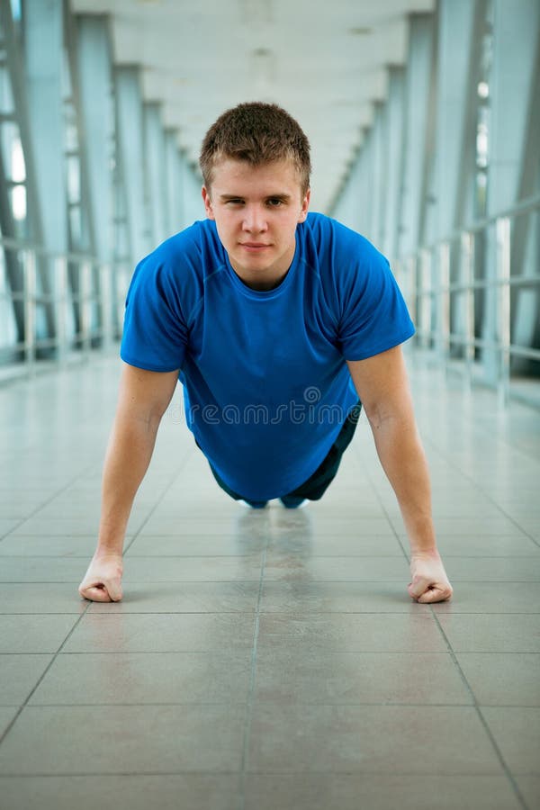 Man Doing Pushed Exercises in the Modern Bridge Construction Stock ...