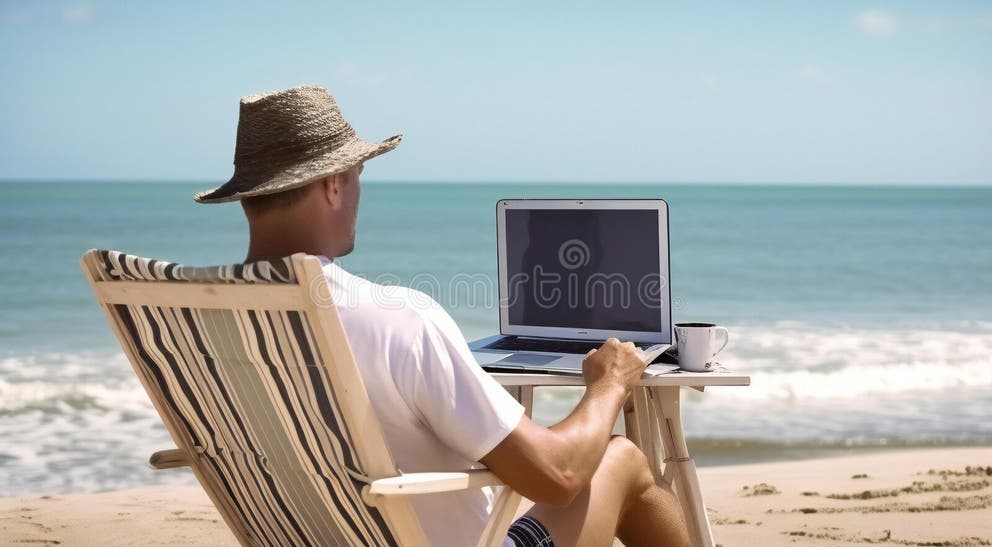 Man Doing Work on His Computer on Vacation. Concept of Easy Work or ...