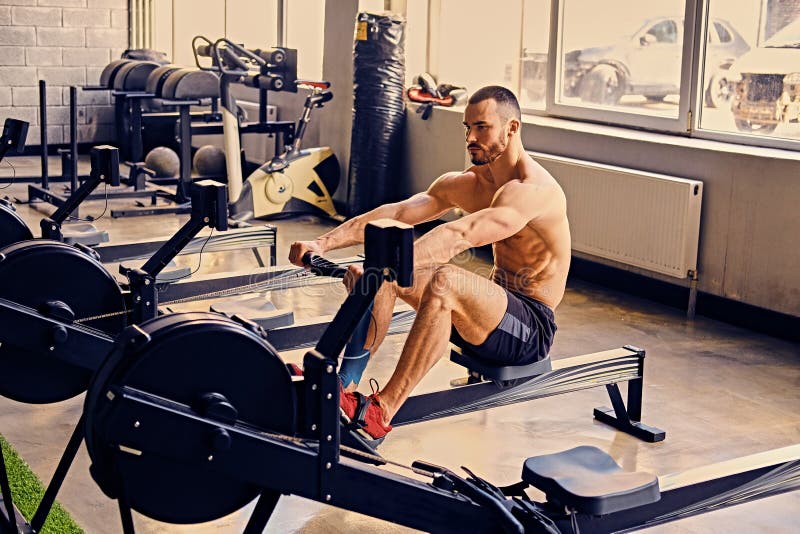 A Man Doing Workouts on a Back with Power Exercise Machine Stock Image ...