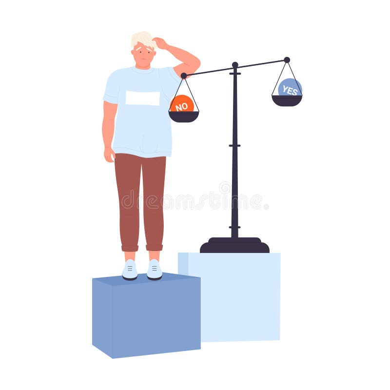 Man in Doubt Thinking about Answer Yes and No on Balance Scale Stock ...