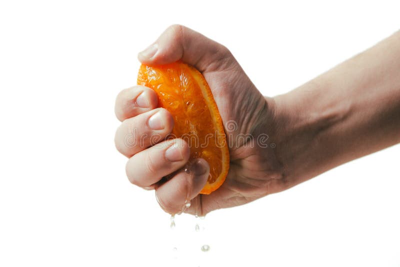 Man Dramatic Squeezes Orange. Conceptis Tired from Work. Stock Image ...