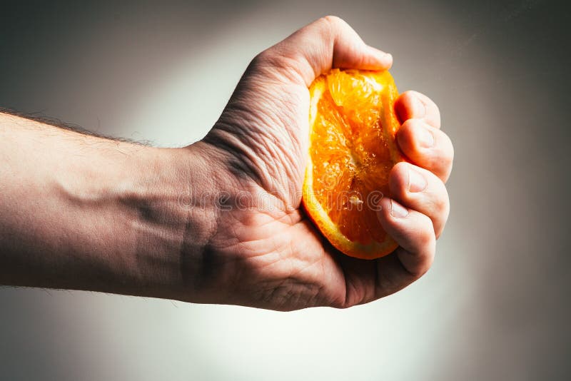 Man Dramatic Squeezes Orange. Conceptis Tired from Work. Stock Photo ...