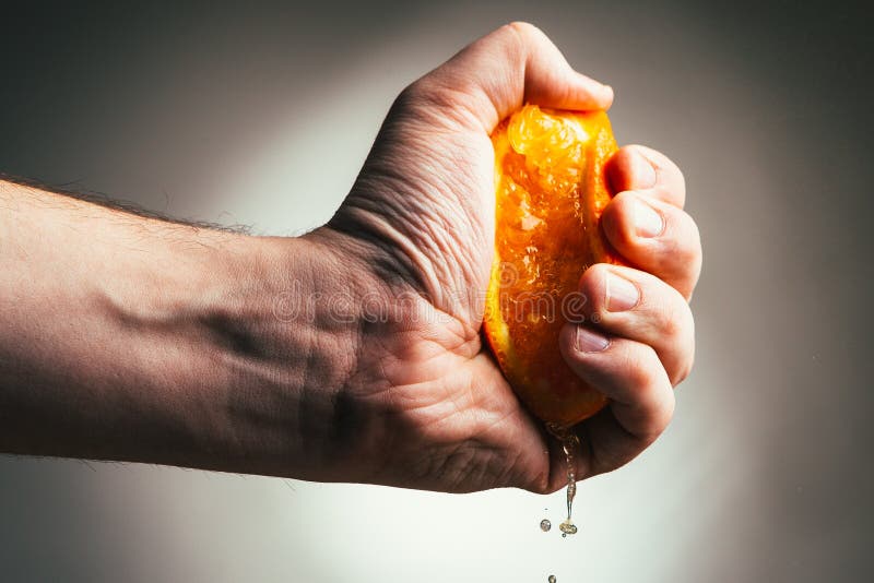 Man Dramatic Squeezes Orange. Conceptis Tired from Work. Stock Photo ...