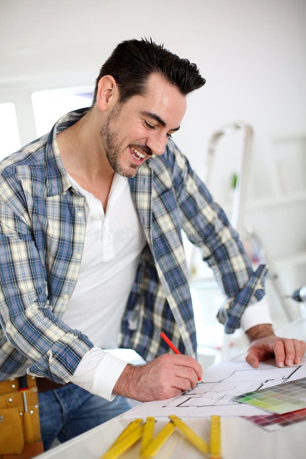 Man Drawing Blueprint before Beginning Works Stock Image - Image of ...
