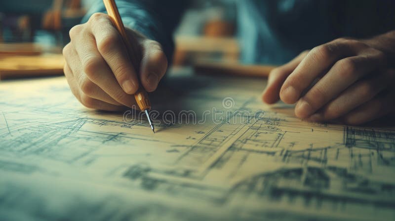 A Man is Drawing a Blueprint with a Yellow Pen Stock Photo - Image of ...