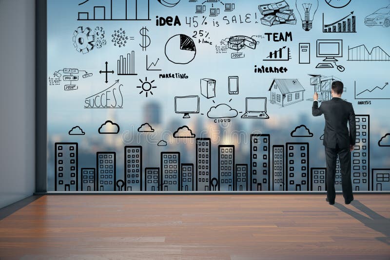 Man Drawing Business Scheme Stock Photo - Image of backdrop, estate ...