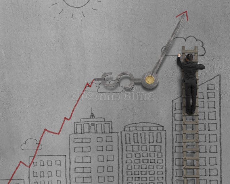 Man Drawing Cityscape and Growing Arrow with Clock Hands Stock Photo ...