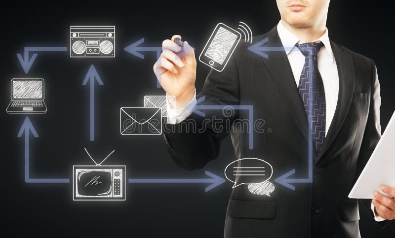 Man Drawing Communication Symbols on a Blackboard Stock Photo - Image ...