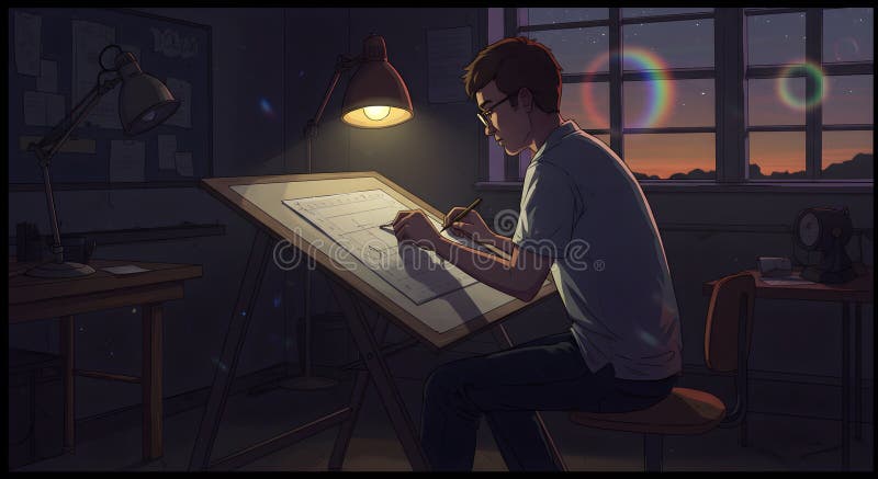 Man Drawing at Drafting Table in Cozy Room at Sunset Stock Illustration ...