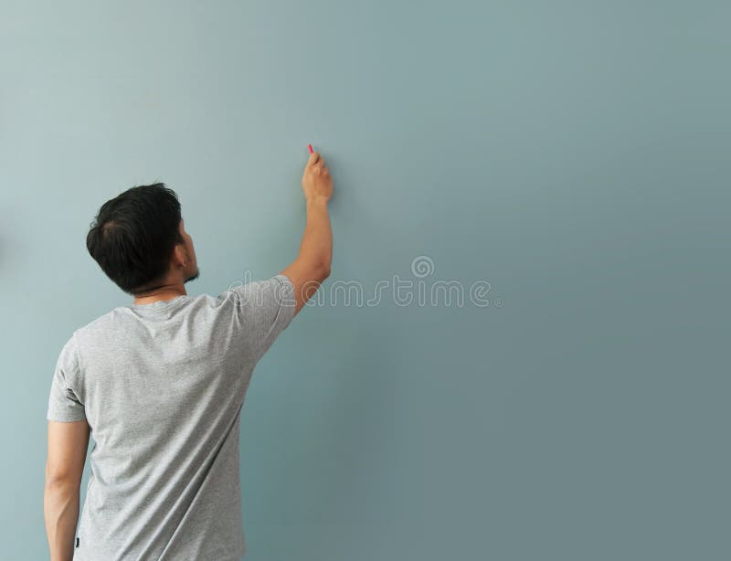 Man Drawing Gesture with White Chalk on Chalkboard or Wall. Stock Image ...
