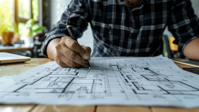 A Man is Drawing a House Plan on a Piece of Paper Stock Illustration ...