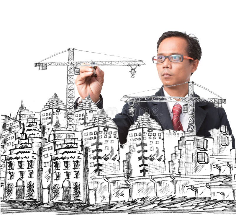 Man Drawing Modern Building Construction Stock Image - Image of modern ...