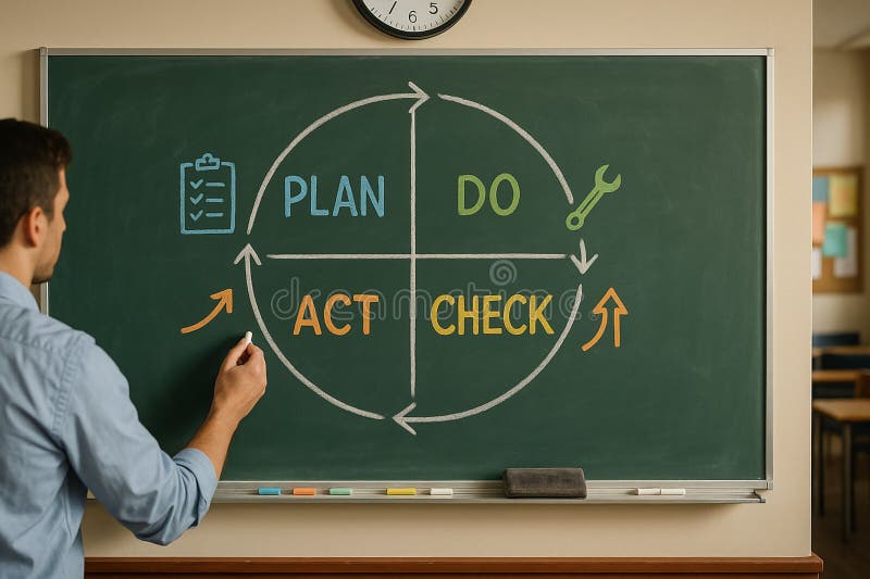 Man Drawing the PDCA Cycle on Classroom Chalkboard Using Colored Chalk ...