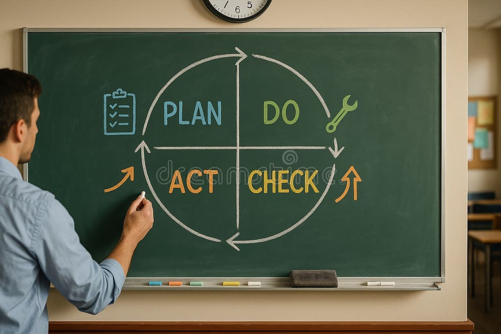 Man Drawing the PDCA Cycle on Classroom Chalkboard Using Colored Chalk ...