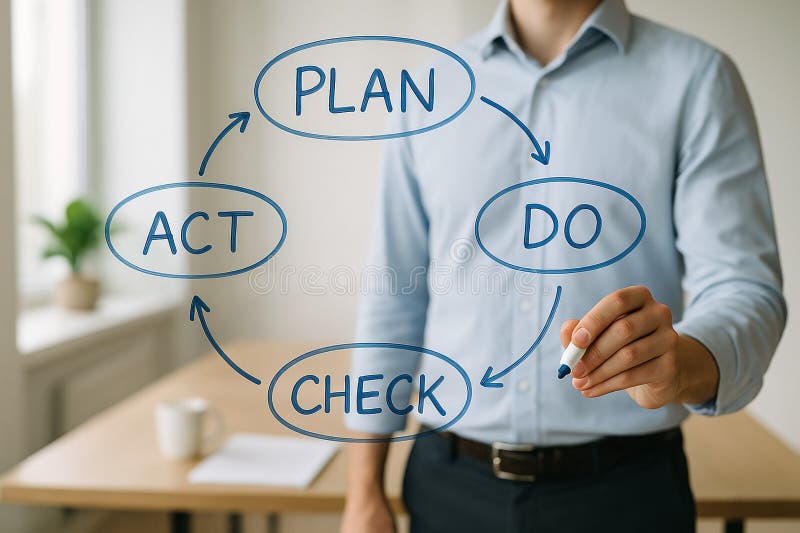 Man Drawing PDCA Process on Transparent Glass Using Blue Marker ...