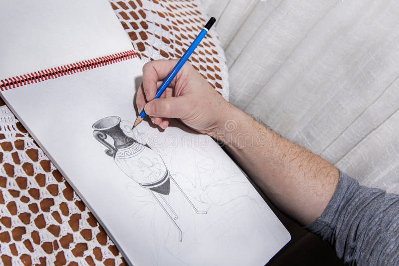 Man drawing with a pencil stock photo. Image of graphic - 208854592