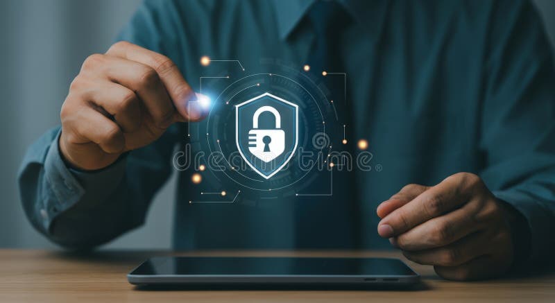 Man is Drawing a Security Symbol on a Tablet Stock Photo - Image of ...