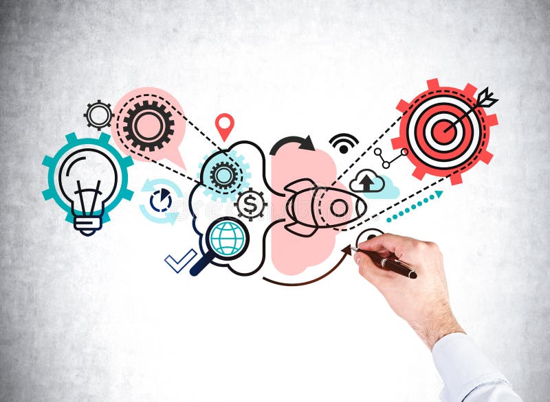 Man is Drawing Sketch on Concrete Wall with Different Icons Stock Image ...