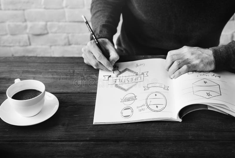 Man Drawing Sketch Design Label Artwork Concept Stock Image - Image of ...