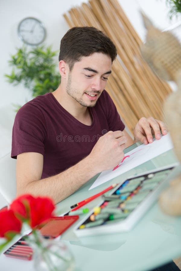Man drawing sketch at home stock image. Image of background - 93904659