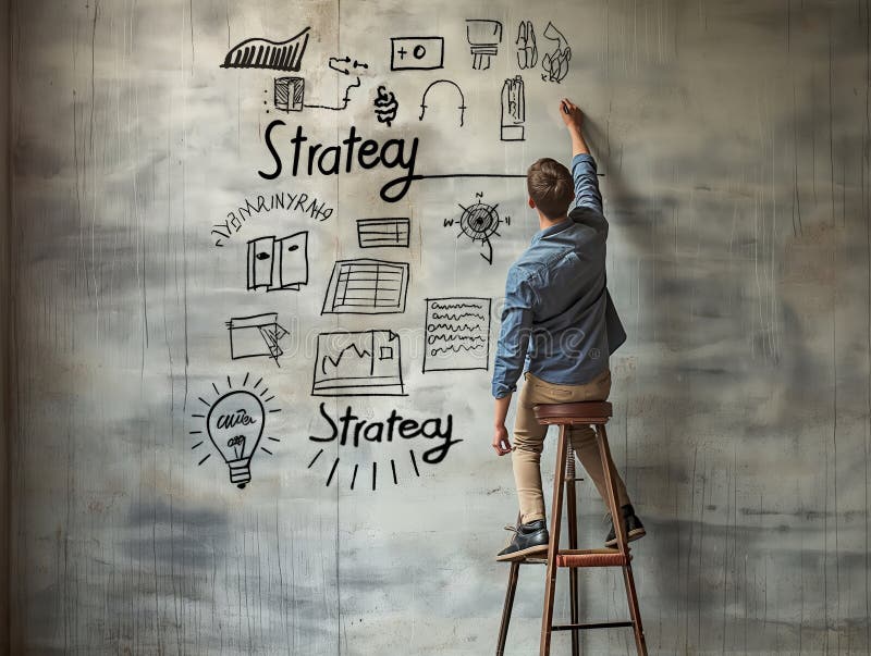 Man Drawing Strategy Concepts on Wall Stock Image - Image of drawing ...