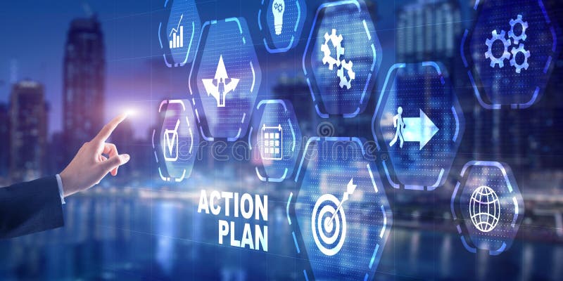 Man is Drawing on Virtual Screen. Action Plan Concept Stock Photo ...