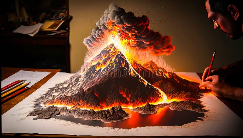 Man is Drawing Volcano on Piece of Paper. Generative AI Stock ...