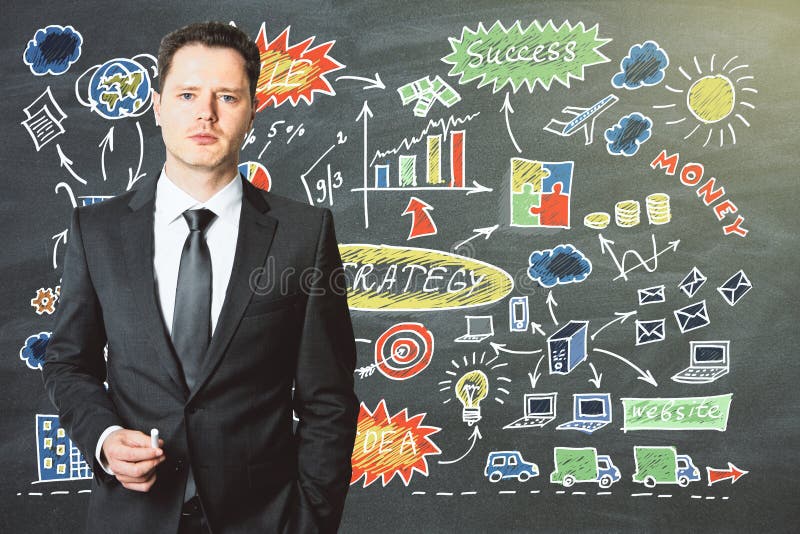 Man Draws Business Strategy Plan Concept on Blackboard Stock Image ...