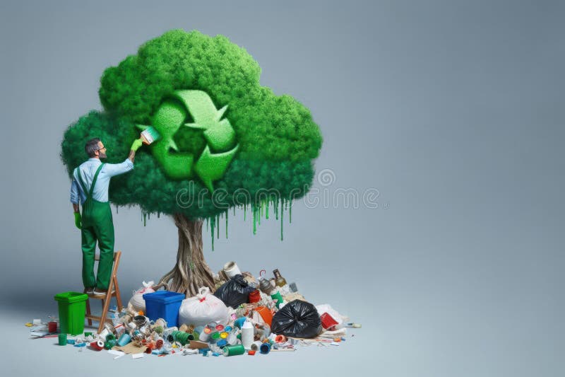 A Man Draws a Recycling Sign on a Tree among the Garbage. Space for ...