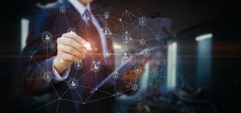 A Man Draws on a Virtual Computer Screen the Global Network Stock Photo ...