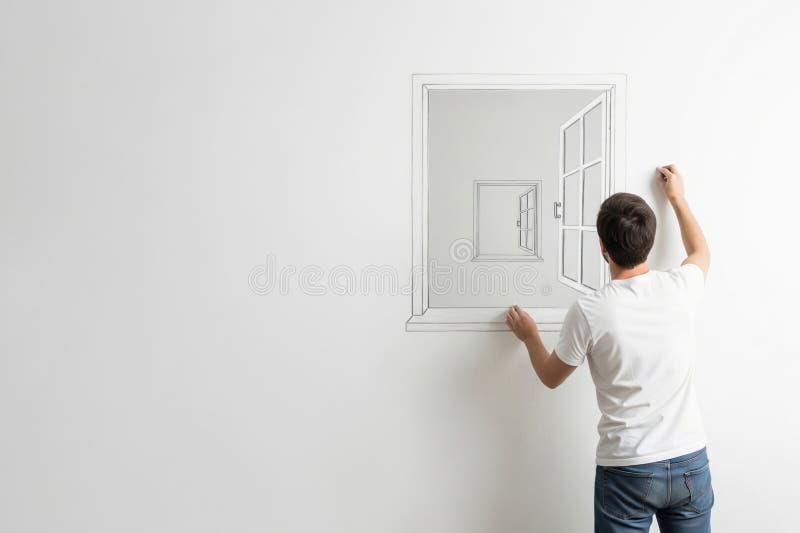A Man Draws a Window Stretching into an Infinite Perspective. Space for ...