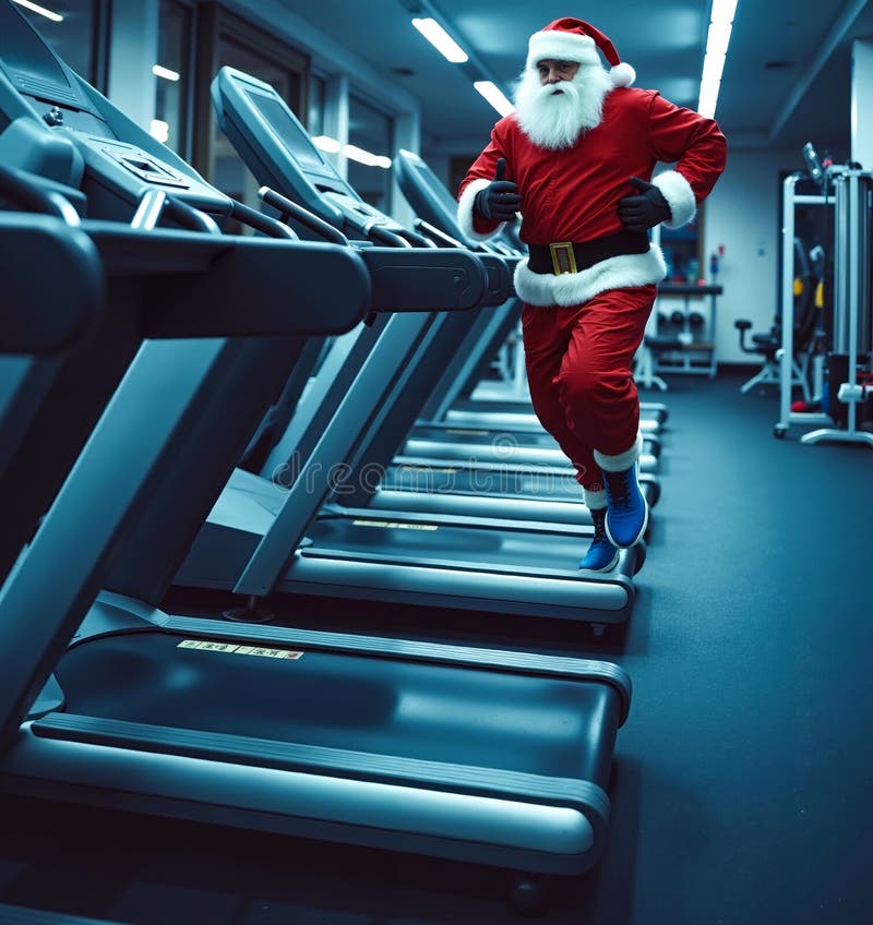 A Man Dressed As Santa Claus Running on a Treadmill in a Gym Stock ...