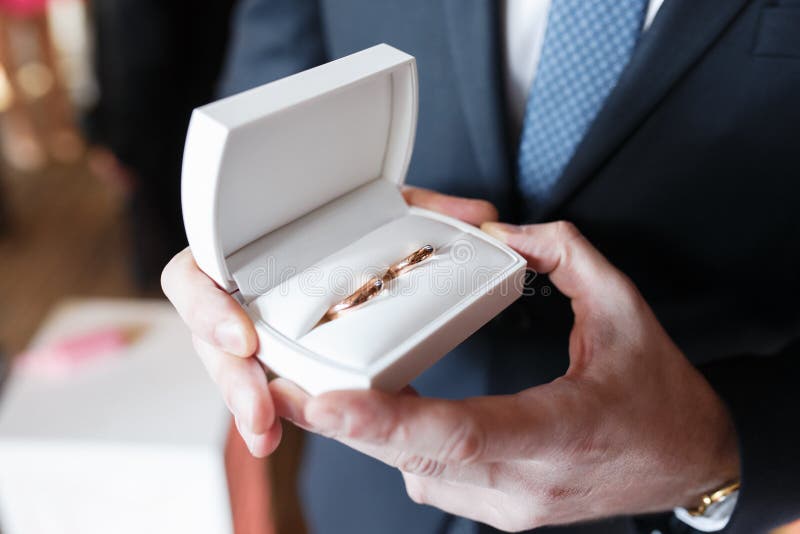 Man Dressed in Formal Suit Holds a Box with a Pair of Rings Stock Image ...