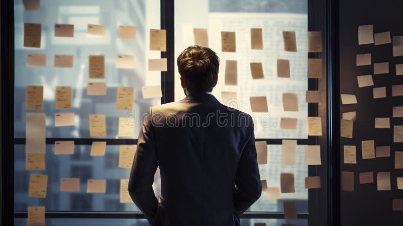 A Formal Man Observes a Wall Filled with Colorful Sticky Notes Stock ...