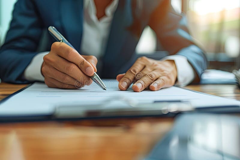 A Man in a Suit and Tie is Carefully Signing a Document Stock Image ...