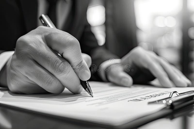 A Man in a Suit and Tie is Carefully Signing a Document Stock Photo ...