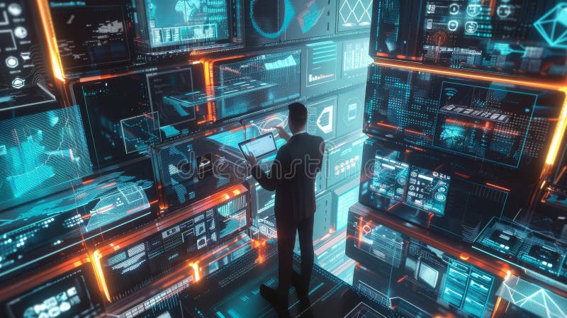 Businessman in Suit Standing in Front of Computer Screen Stock ...