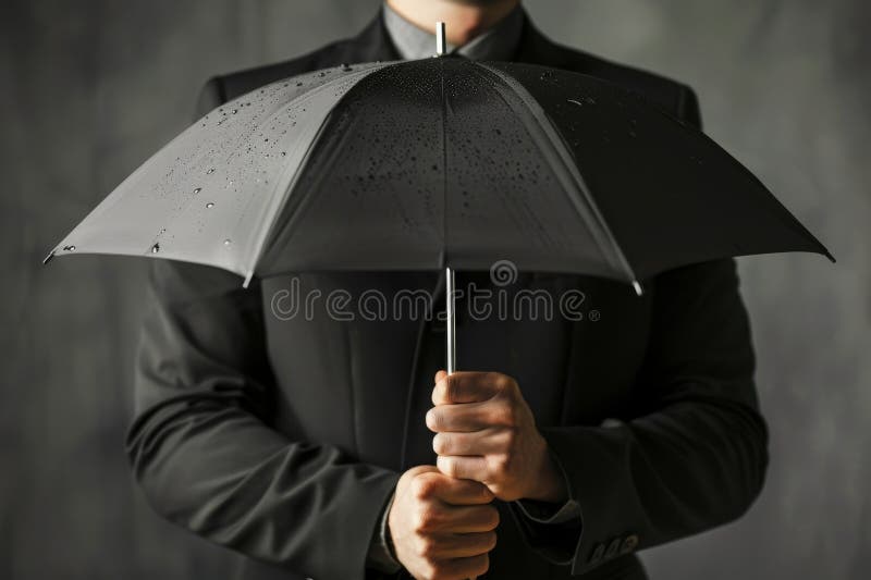 A Man Dressed in a Suit Standing and Holding an Umbrella, Create a ...