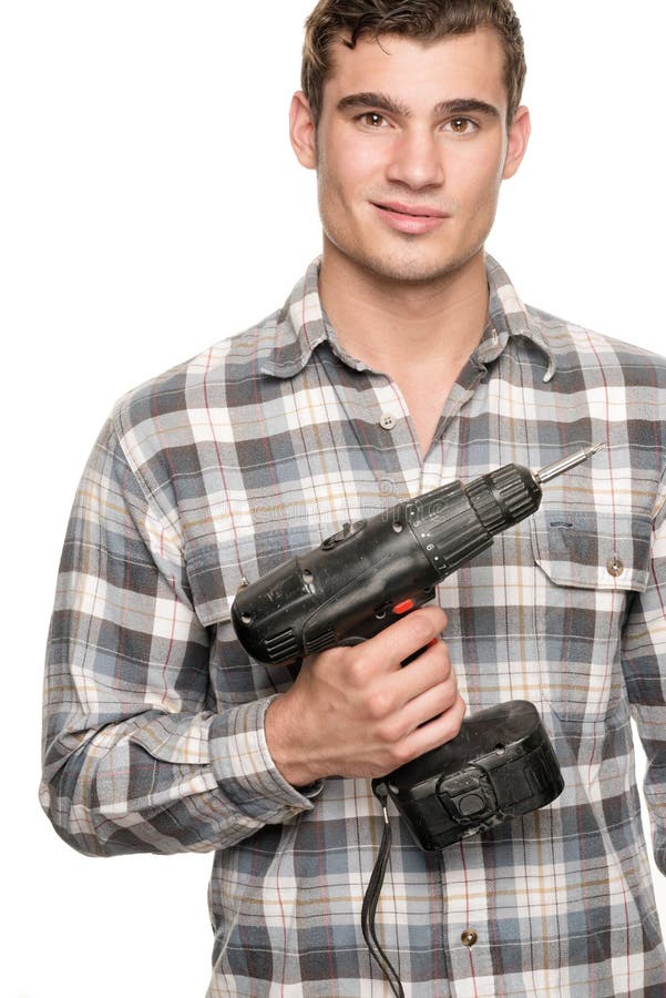 Man with drill machine stock image. Image of studio, background - 26128259