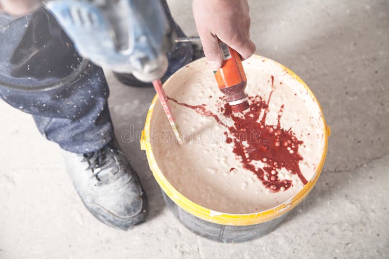 Man with a Drill Mixing Paint. Renovation Stock Photo - Image of wear ...