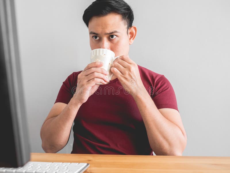 Man Drink Coffee on Working Desk. Stock Photo - Image of drink ...