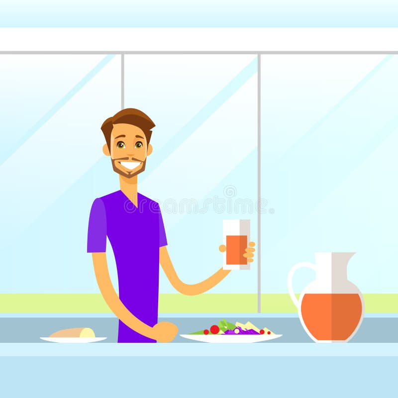 Man Drink Juice Sitting at Kitchen Morning Having Stock Vector ...
