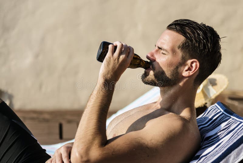 Man Drinking a Beer by the Pool Stock Image - Image of happiness, enjoy ...