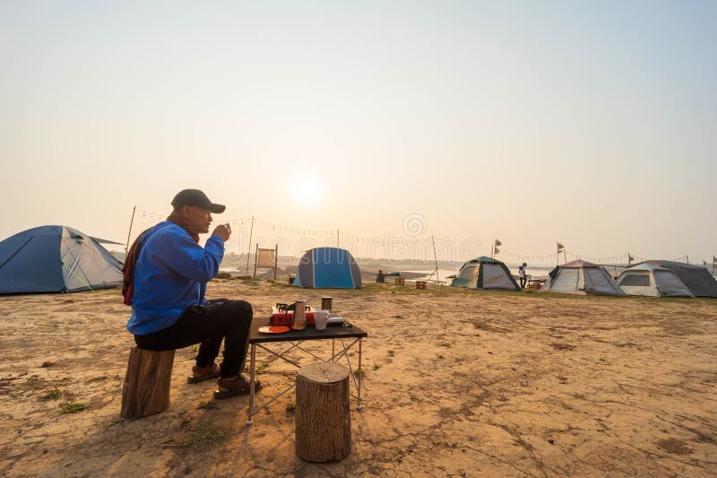 Man Drinking Coffee at Camping Stock Image - Image of person, camp ...